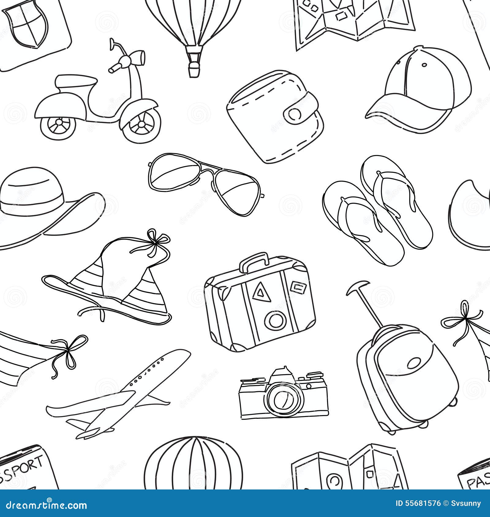Summer Vacation Sketch Doodle Seamless Pattern. Black and White Stock ...