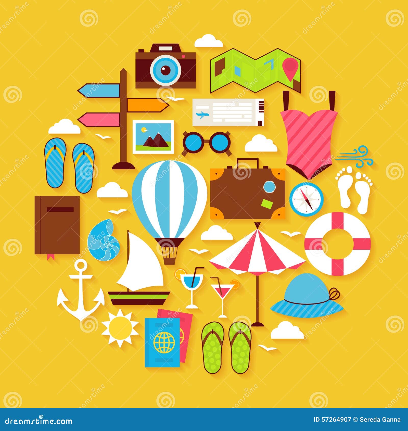 Summer Vacation and Travel Vector Flat Design Circle Shaped Obje Stock ...