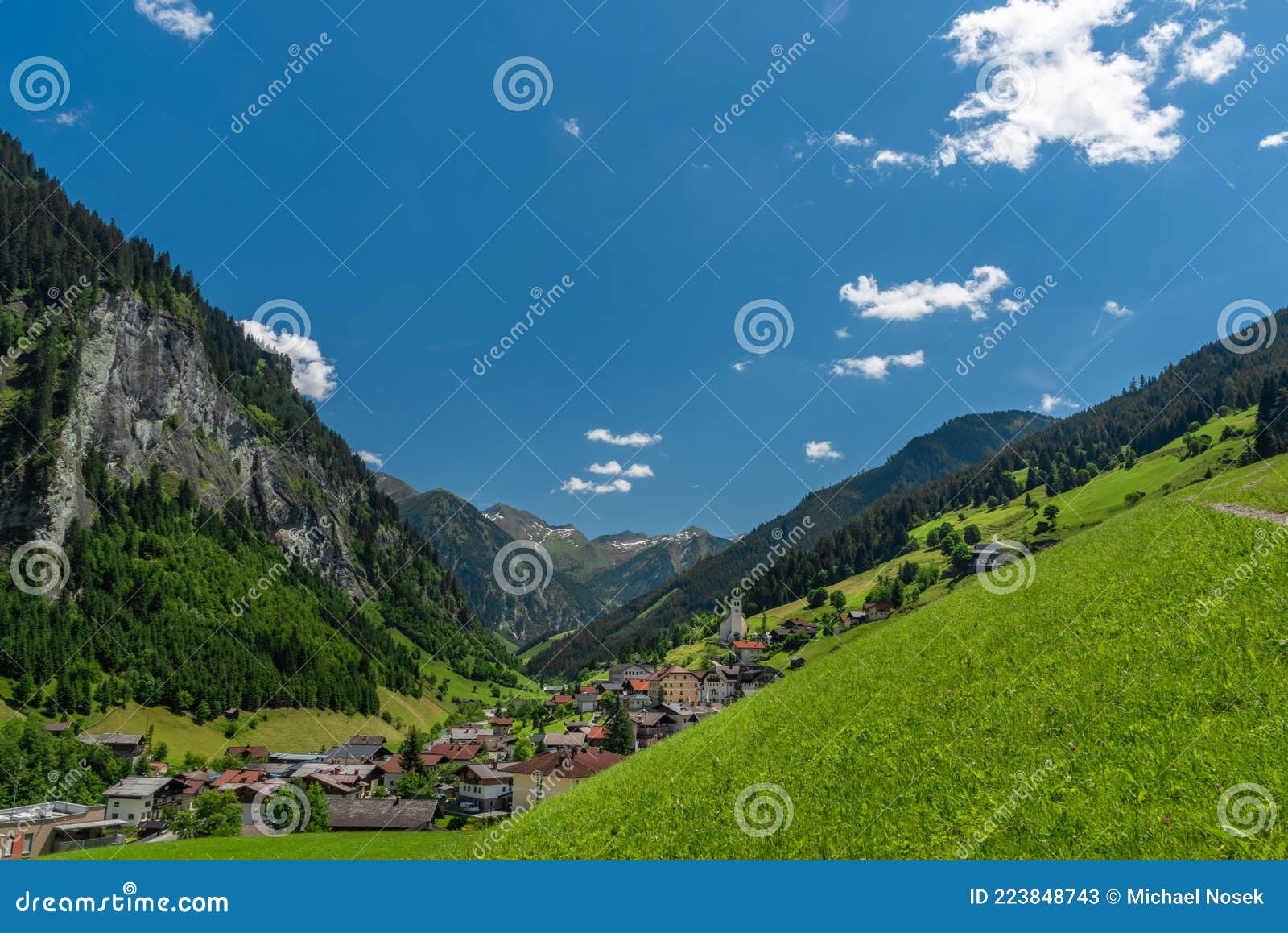 Summer Valley with Grossarler Ache Small River and Blue Cloudy Sky ...