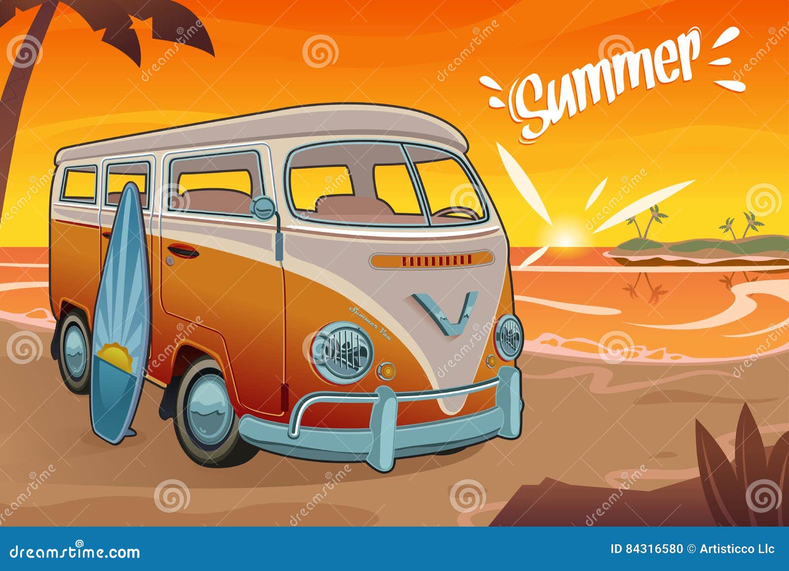 Summer Van on the Beach stock vector. Illustration of poster - 84316580