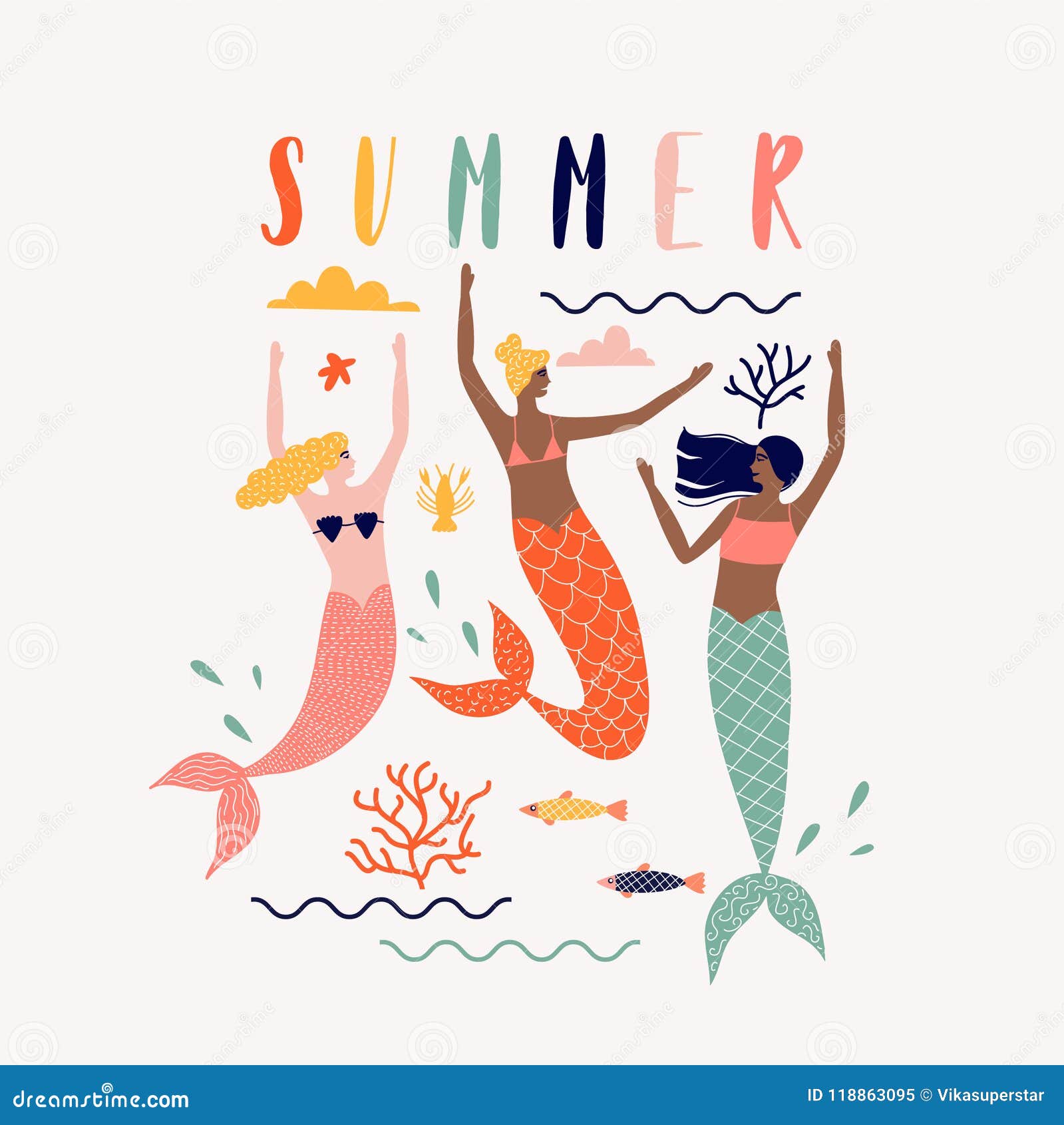 Summer Vector Illustration with Mermaid Under the Sea Stock Vector ...