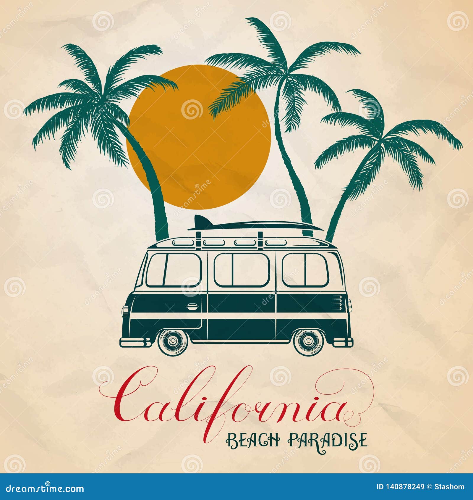 Summer Vector Illustration of Retro Bus and Surf Bord with Palm Trees ...