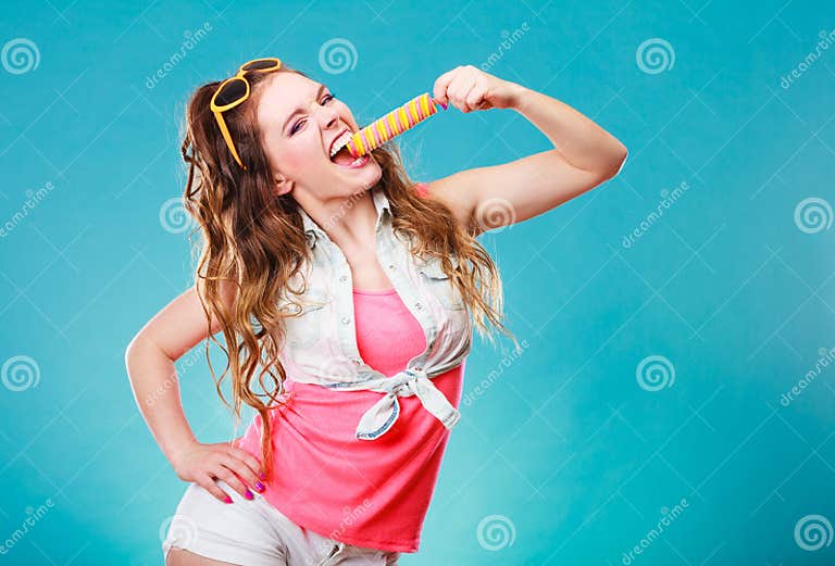 Summer Woman Eating Popsicle Ice Pop Cream Stock Image Image Of