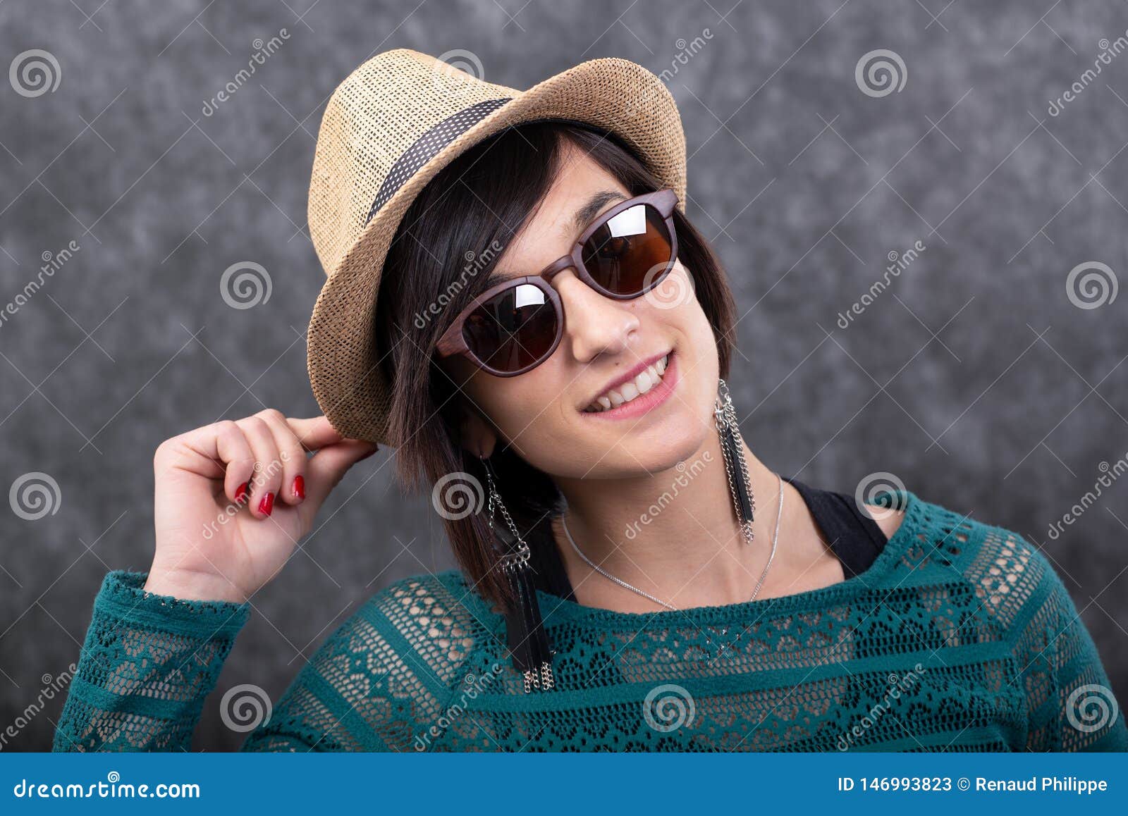 Summer Woman Wearing Sunglasses And Straw Hat Stock Image Image Of