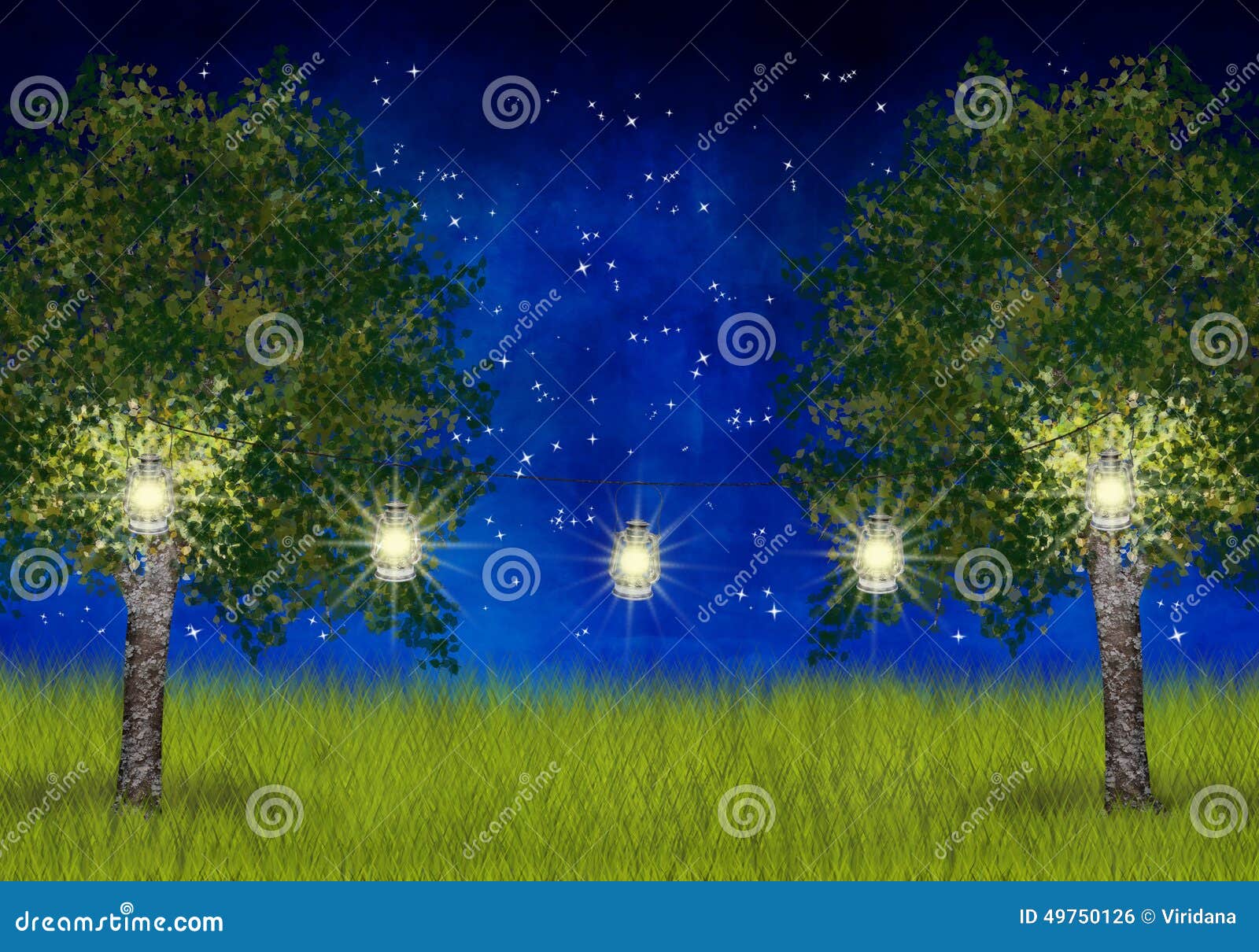 Summernight with Lanterns in the Garden Trees Stock Illustration ...