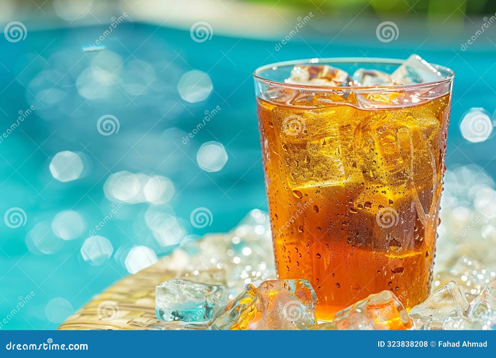 : Summertime Iced Tea on a Wooden Table by the Pool, Clear Water, and ...