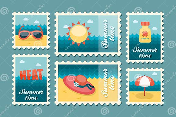 Summertime stamp set flat stock vector. Illustration of letter - 60373588