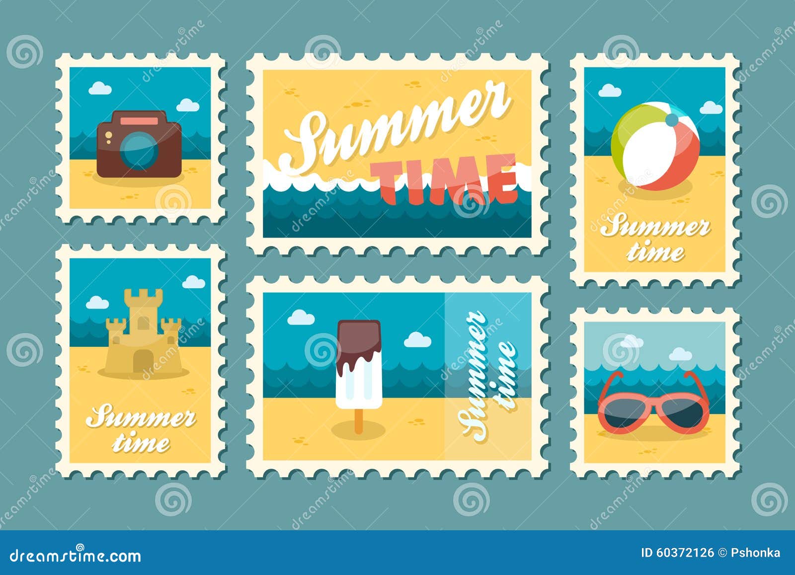 Summertime stamp set flat stock vector. Illustration of wave - 60372126