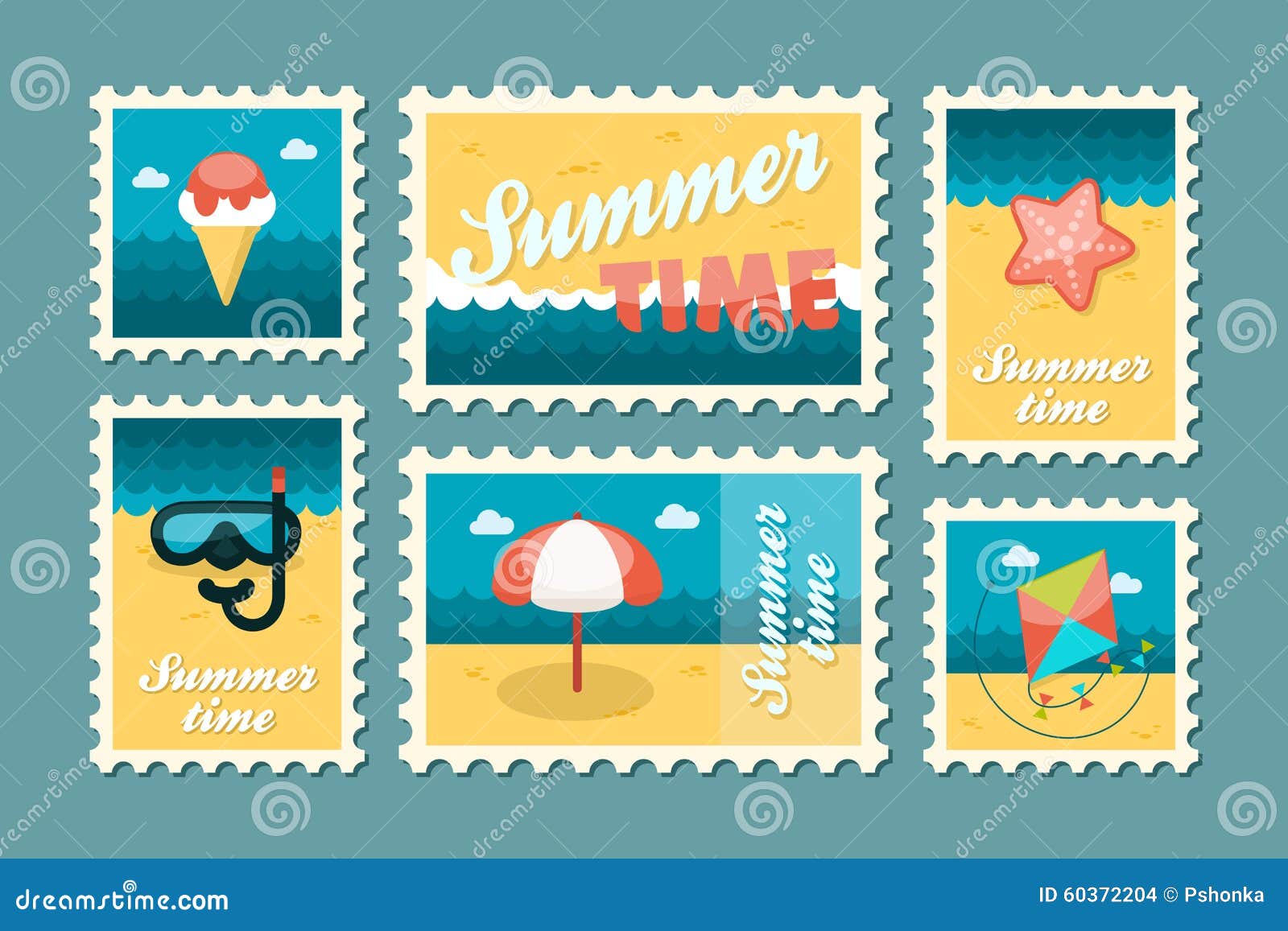 Summertime stamp set flat stock vector. Illustration of postal - 60372204
