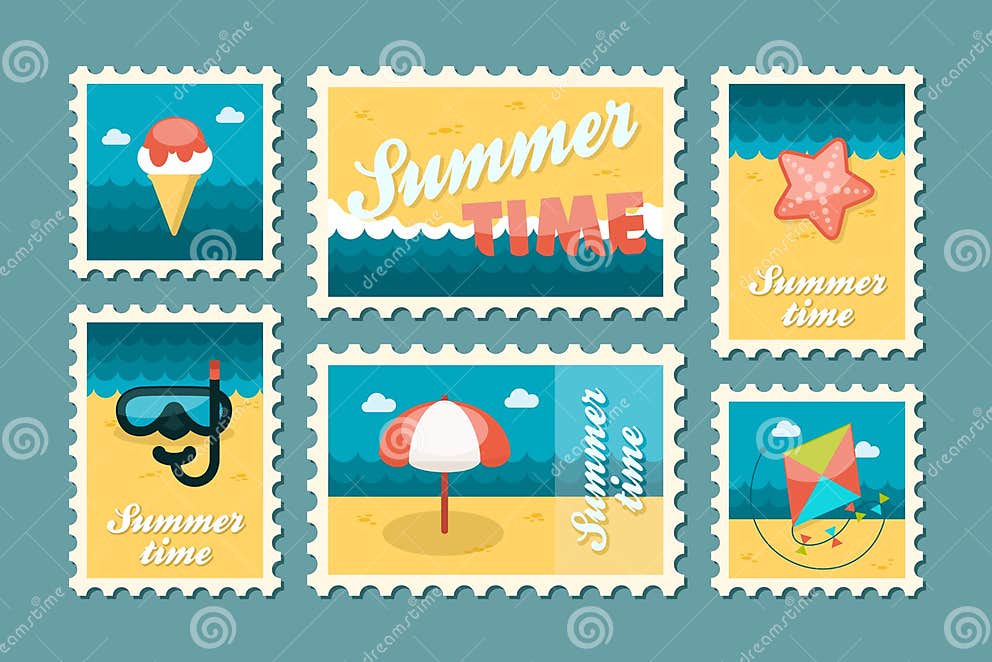 Summertime stamp set flat stock vector. Illustration of postal - 60372204