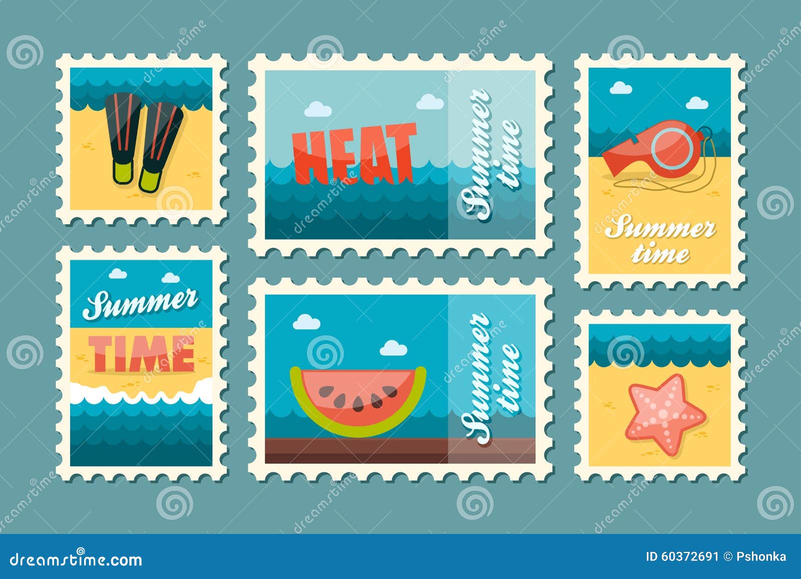 Summertime stamp set flat stock vector. Illustration of flipper - 60372691