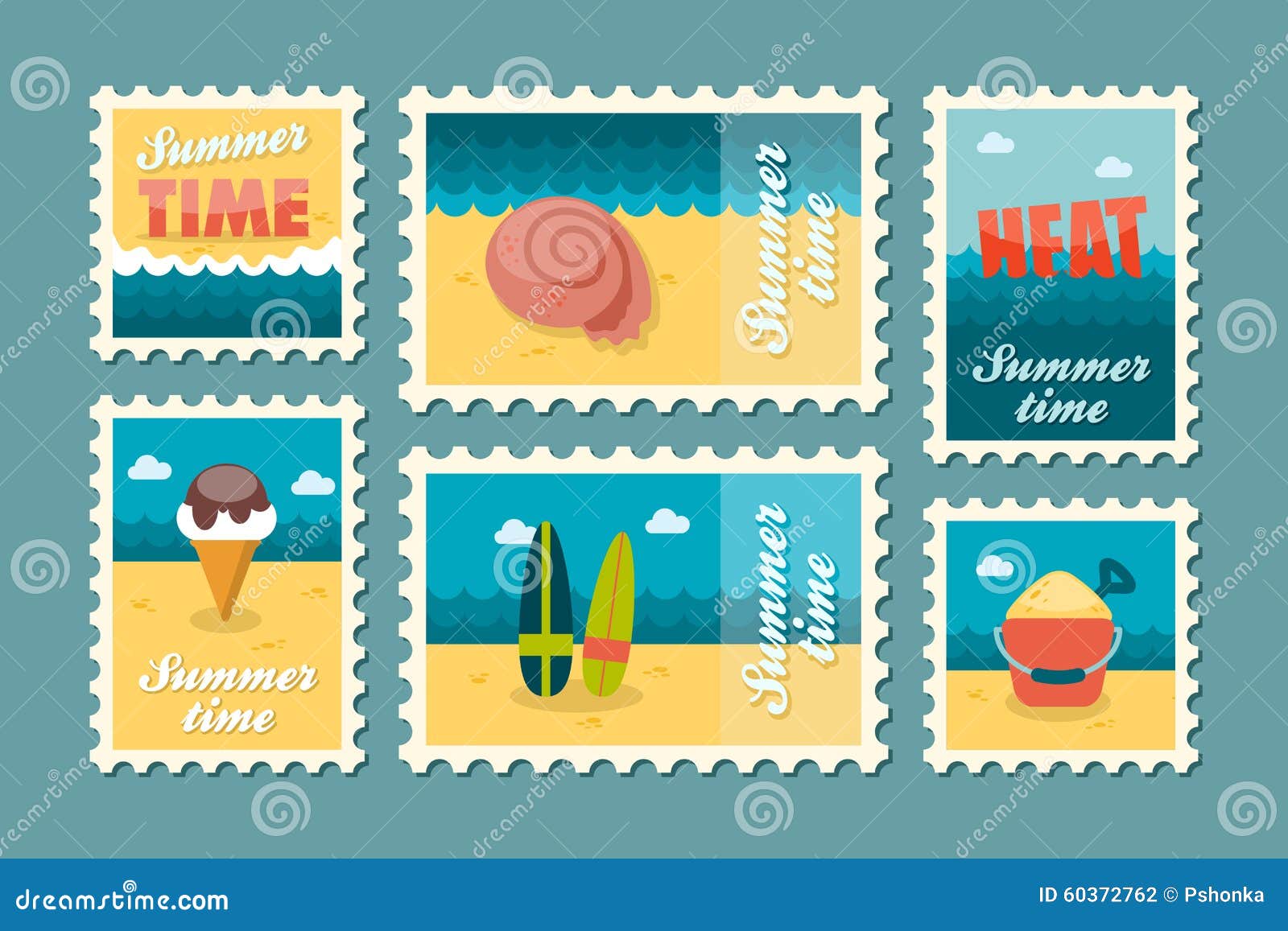 Summertime stamp set flat stock vector. Illustration of beach - 60372762