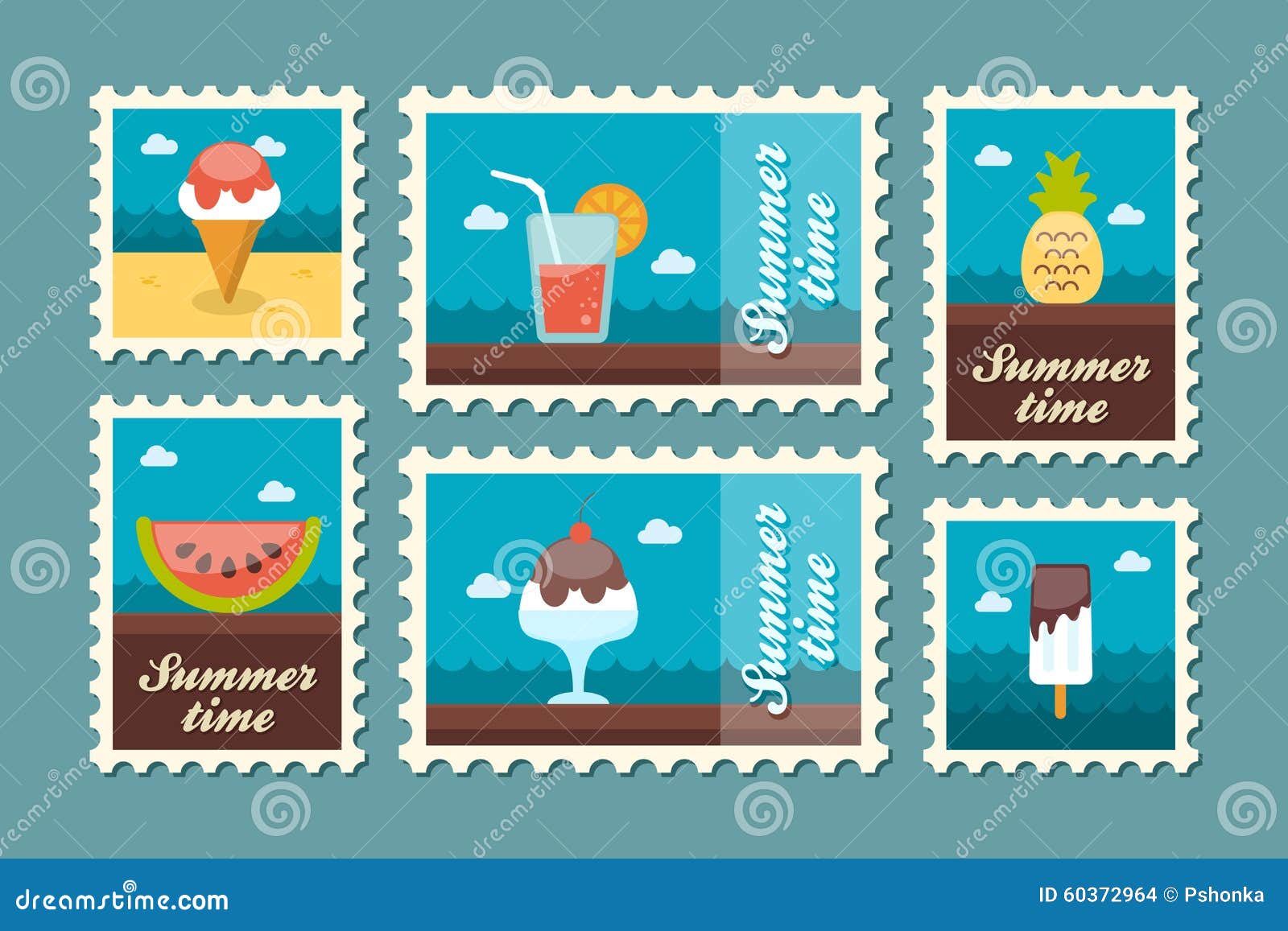 Summertime stamp set flat stock vector. Illustration of postal - 60372964