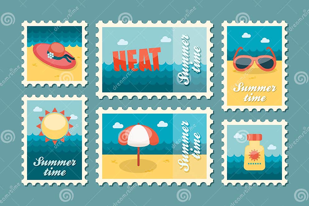 Summertime stamp set flat stock vector. Illustration of relax - 60373035