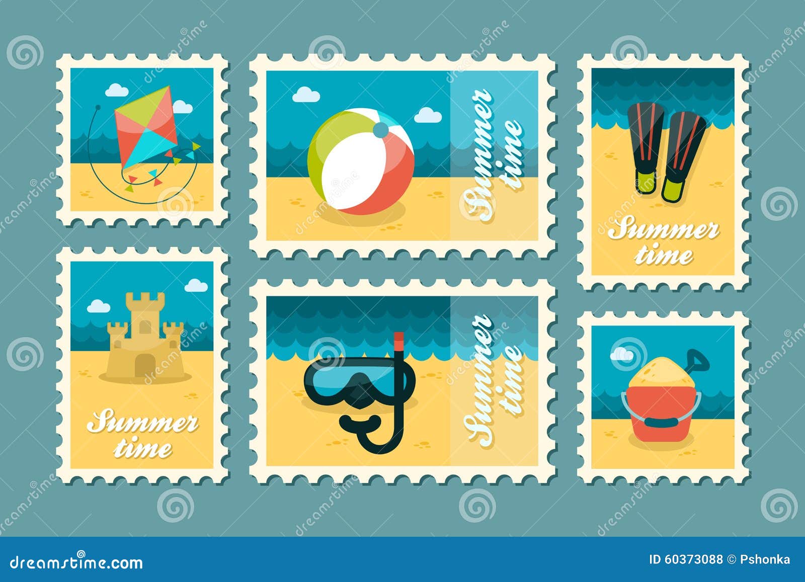Summertime stamp set flat stock vector. Illustration of holiday - 60373088