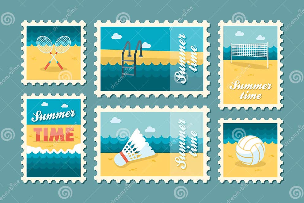 Summertime stamp set flat stock vector. Illustration of letter - 60373342