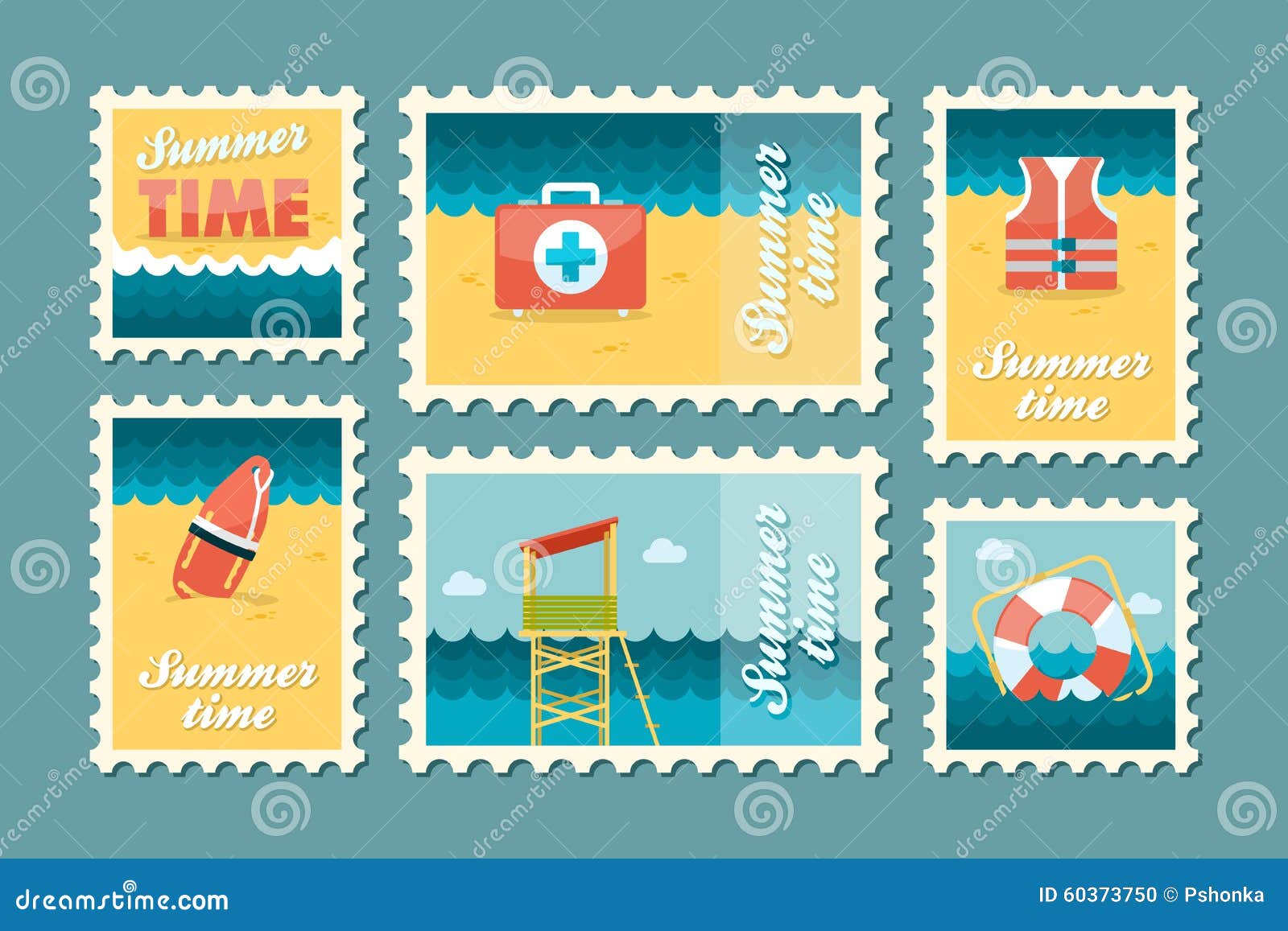 Summertime stamp set flat stock vector. Illustration of letter - 60373750