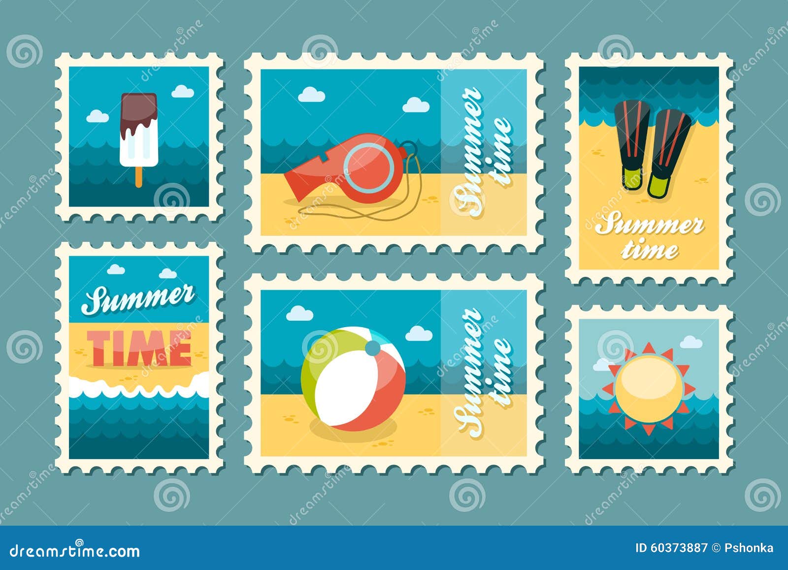 Summertime stamp set flat stock vector. Illustration of letter - 60373887
