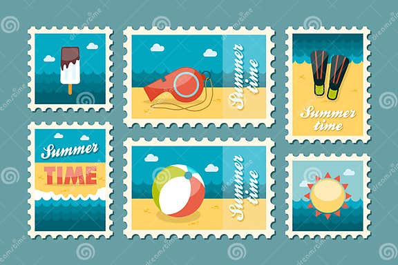 Summertime stamp set flat stock vector. Illustration of letter - 60373887