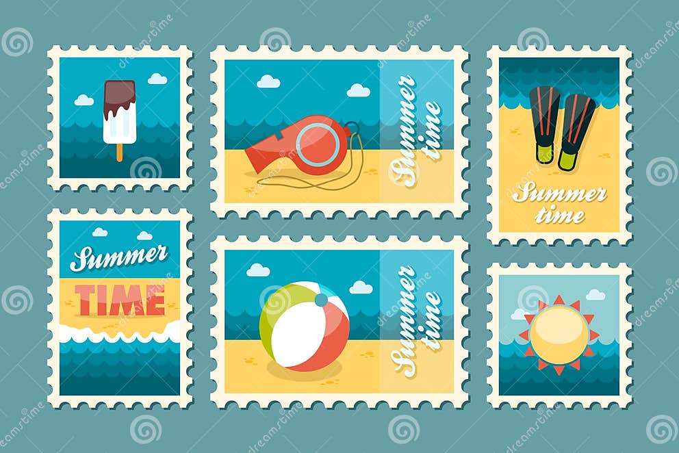 Summertime stamp set flat stock vector. Illustration of letter - 60373887