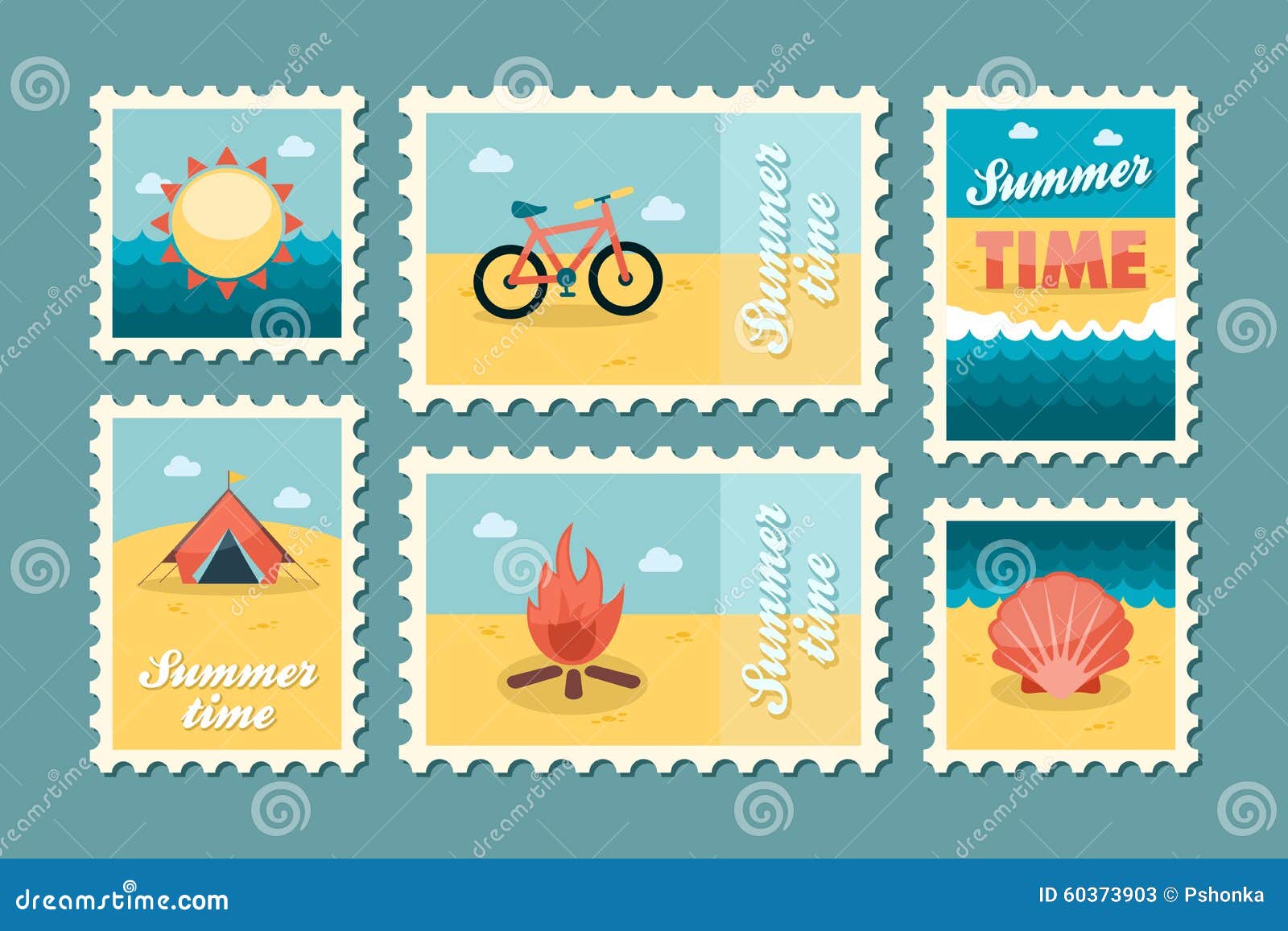 Summertime stamp set flat stock vector. Illustration of sand - 60373903