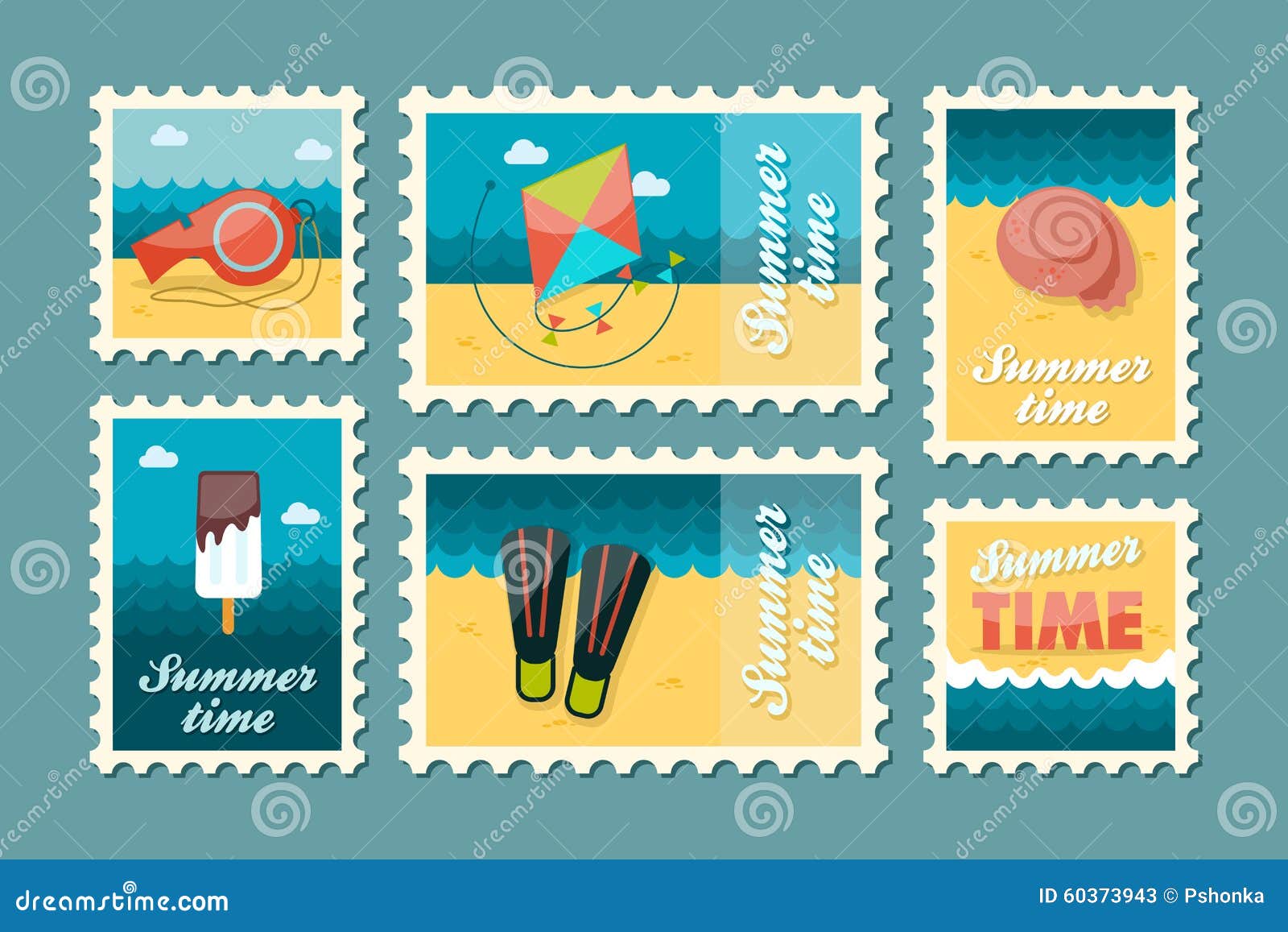 Summertime stamp set flat stock vector. Illustration of marine - 60373943