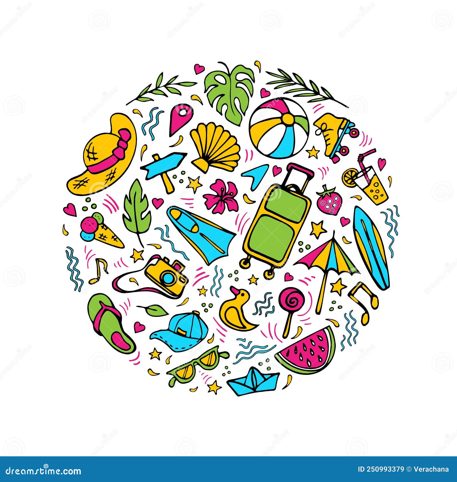 Summer Symbols Doodle Clipart. Round Colorful Composition Stock Vector ...