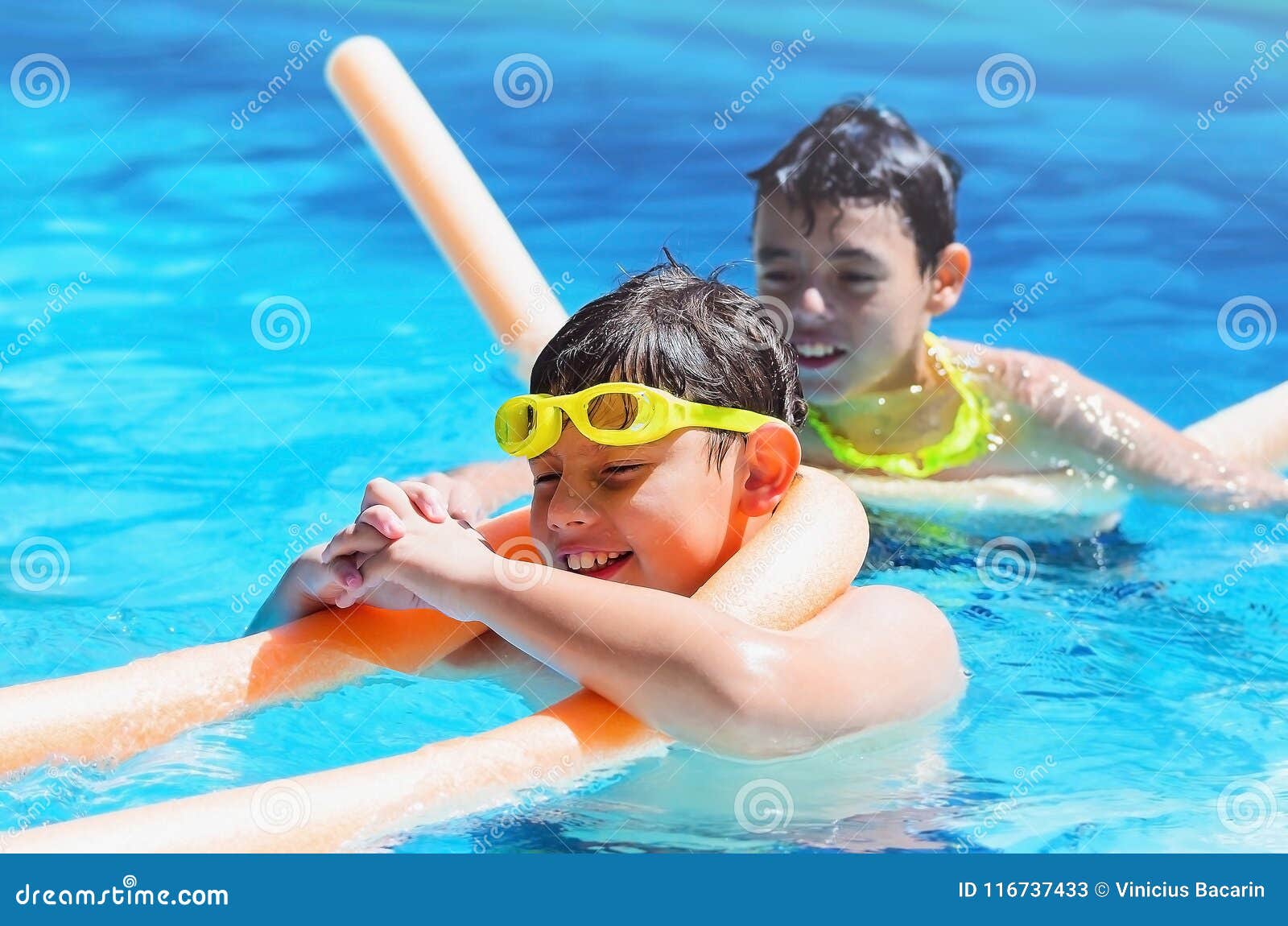 Summertime, Two Boys Having a Good Time at the Swimming Pool Stock ...
