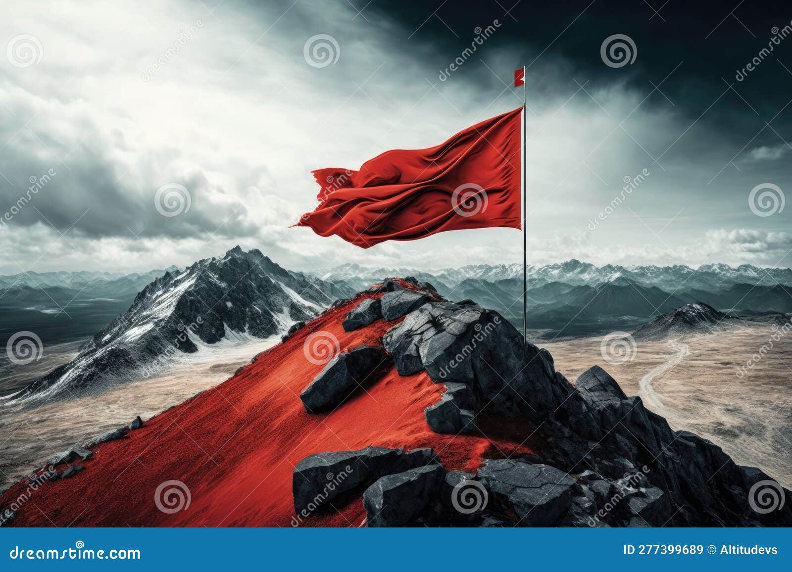 Summit with Red Flag and Panoramic View of the Surrounding Landscape ...