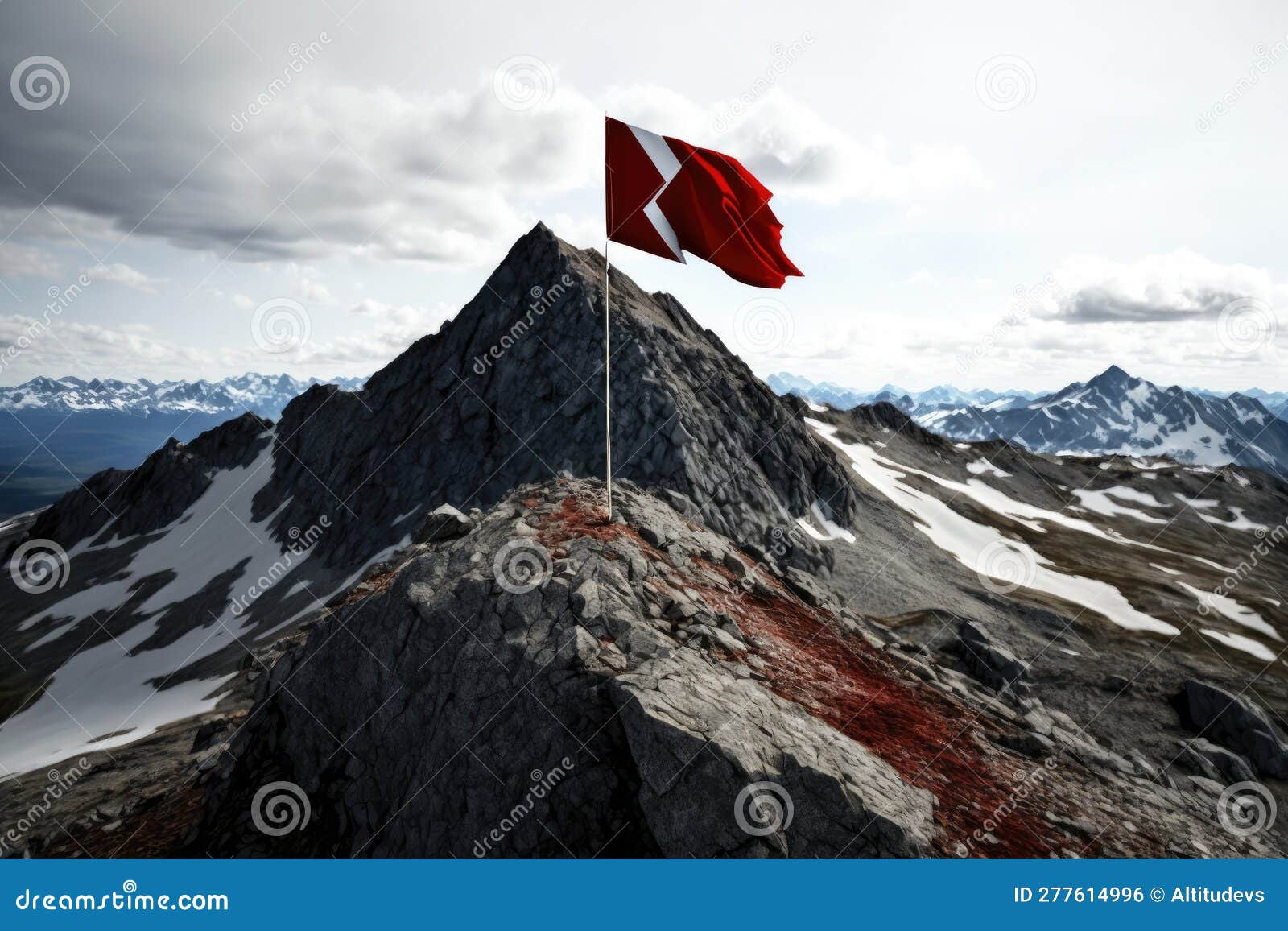 Summit with Red Flag and Panoramic View of the Surrounding Landscape ...