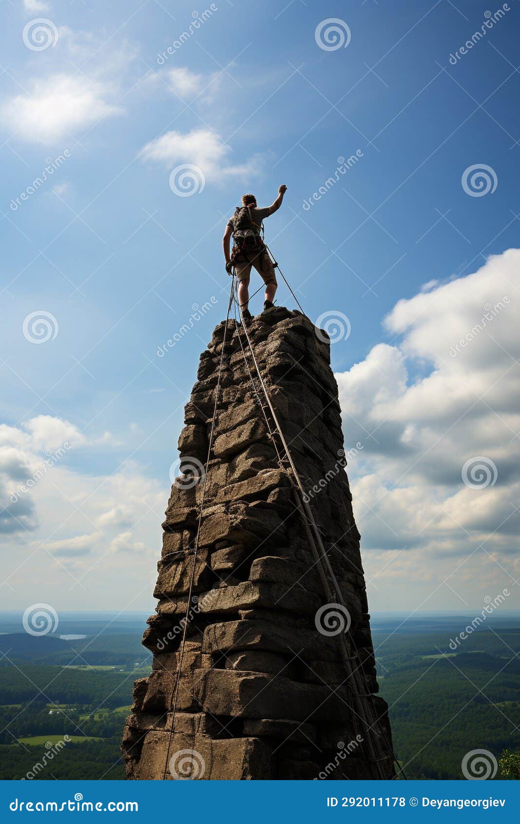 Summit Success: Standing On A Mountain Peak, Arms Raised In Achievement ...