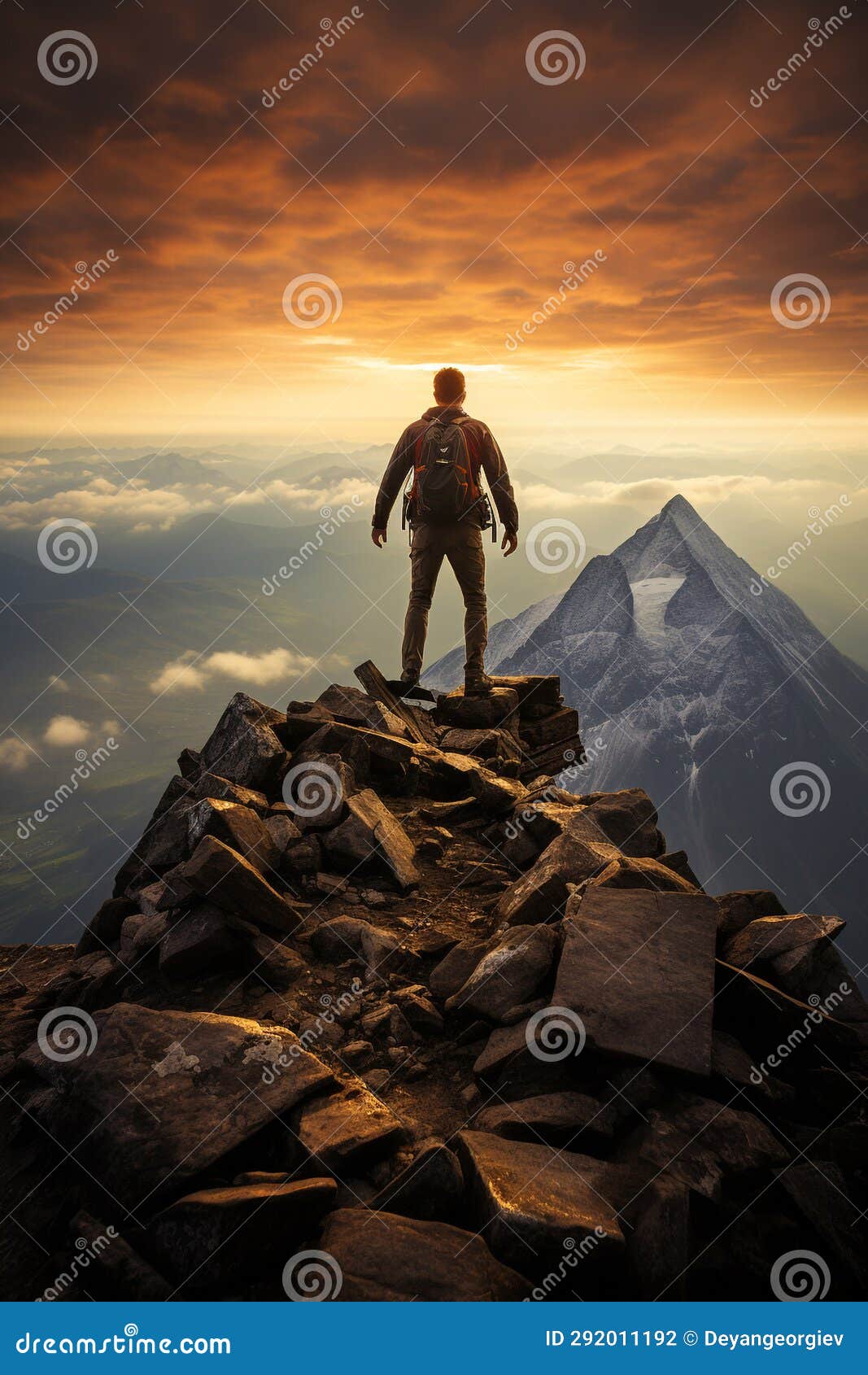 Summit Success: Standing On A Mountain Peak, Arms Raised In Achievement ...