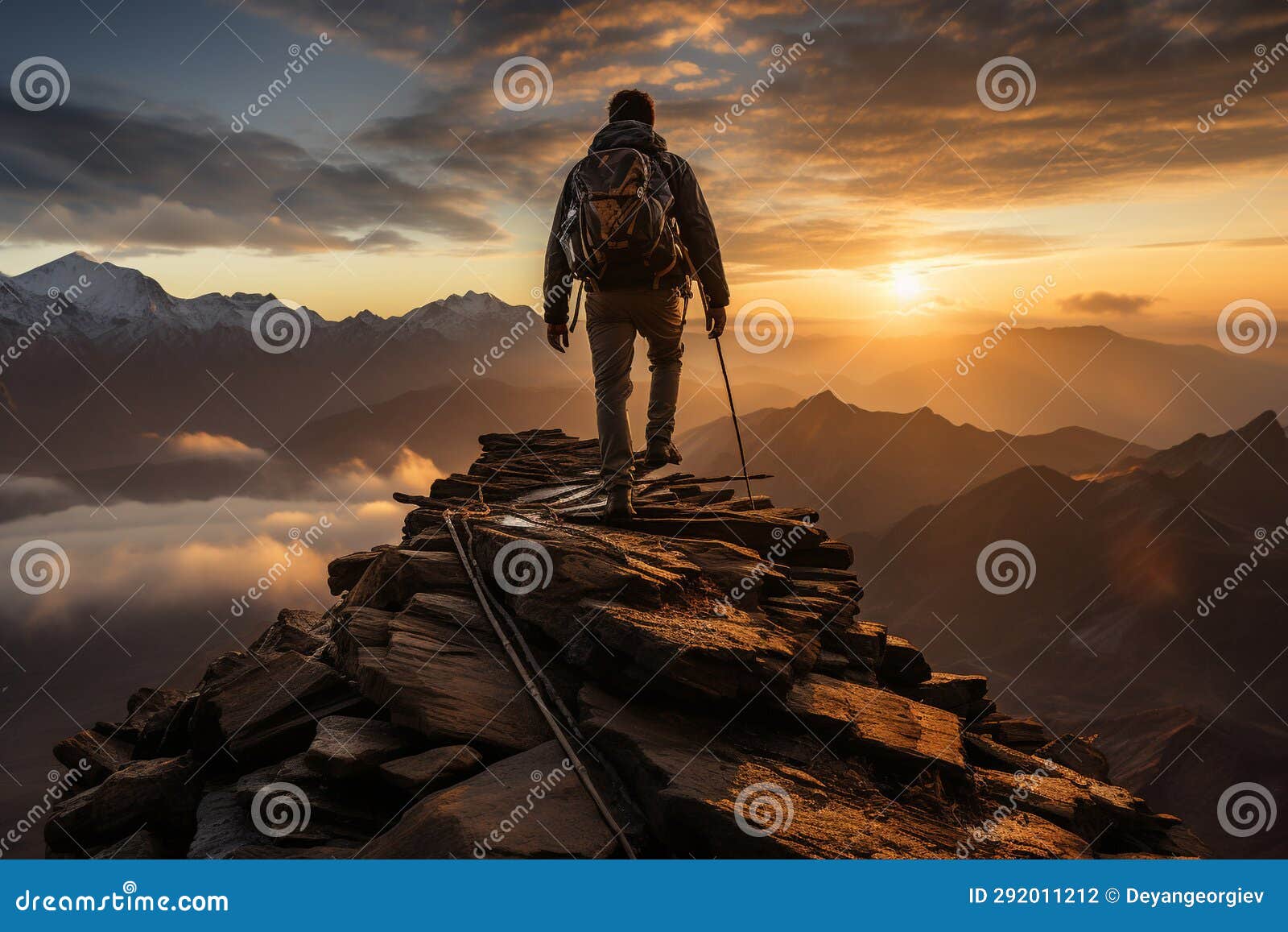 Summit Success: Standing on a Mountain Peak, Arms Raised in Achievement ...