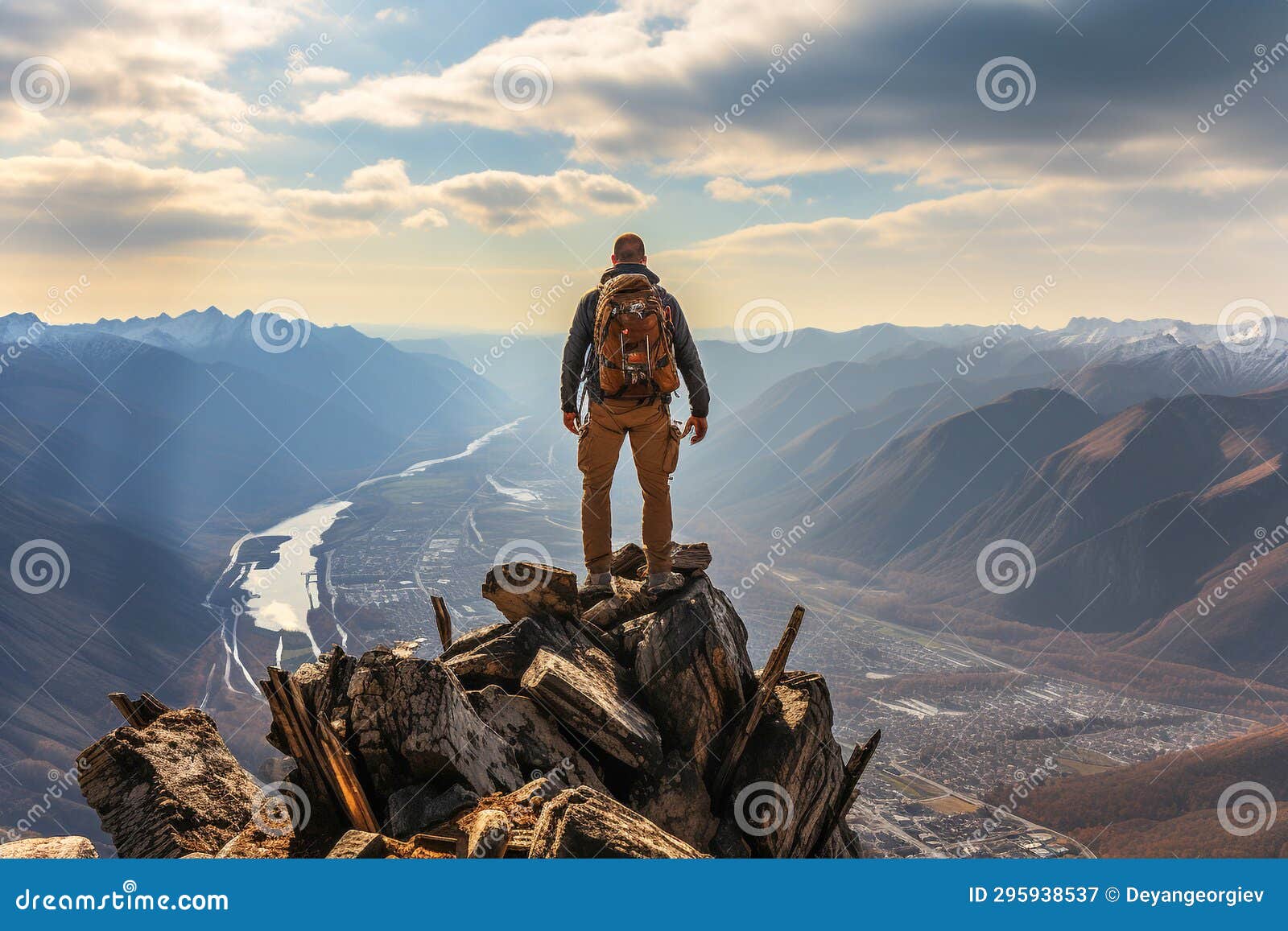 Summit Success: Standing On A Mountain Peak, Arms Raised In Achievement ...