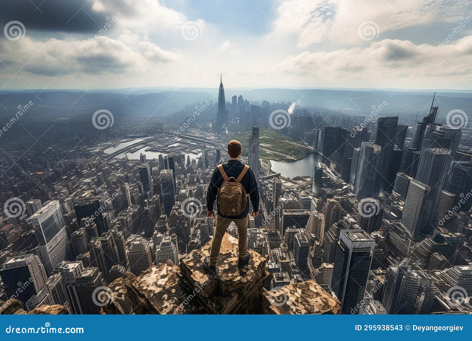 Summit Success: Standing on a Mountain Peak. Cityscape Stock ...