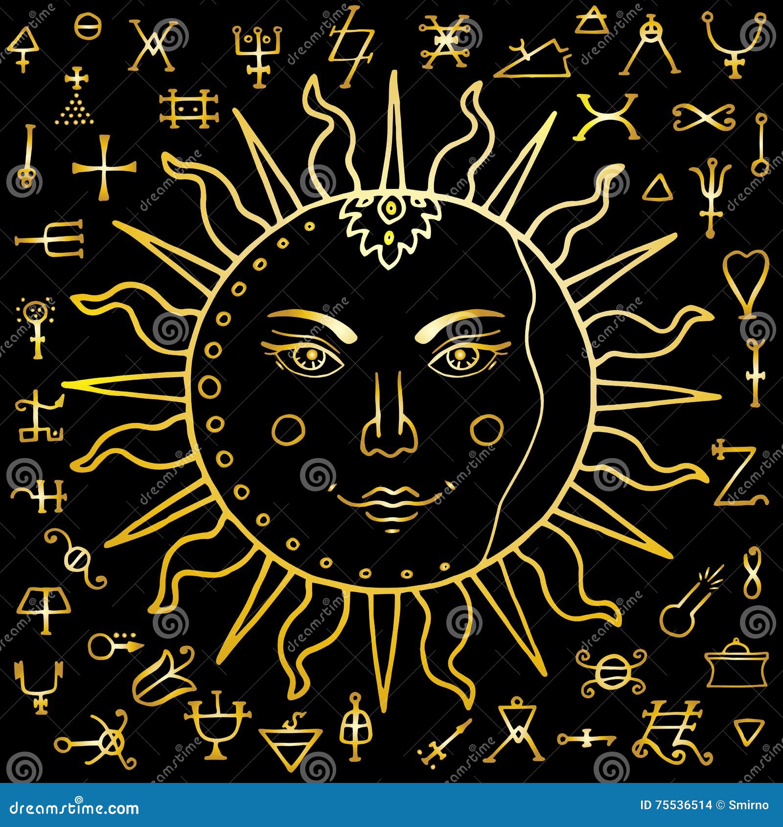 The Sun with alchemy signs stock vector. Illustration of science - 75536514