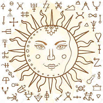 The Sun with alchemy signs stock vector. Illustration of gold - 75536660