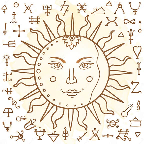 The Sun with alchemy signs stock vector. Illustration of gold - 75536660
