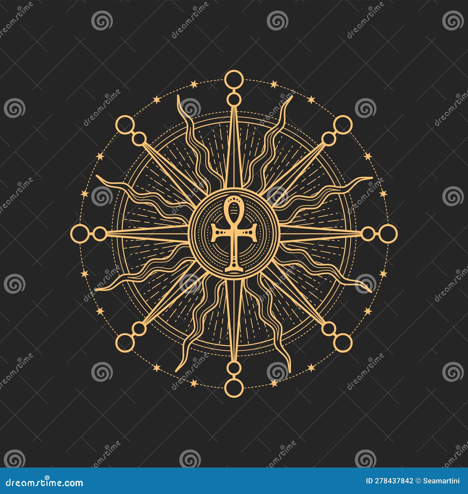 Sun And Ankh Cross Esoteric Occult Pentagram Stock Vector