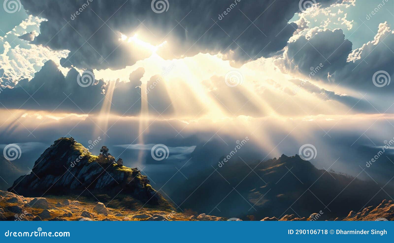 Sun Beams through Clouds from the Top of a Mountain Stock Photo - Image ...
