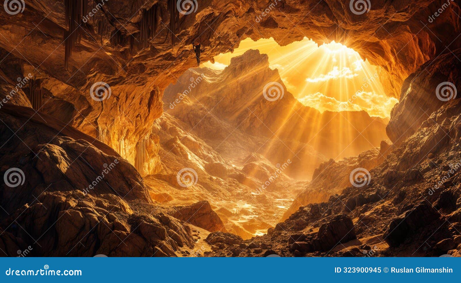 Sun Beams Shine Down through Cave Ceiling Stock Image - Image of caving ...