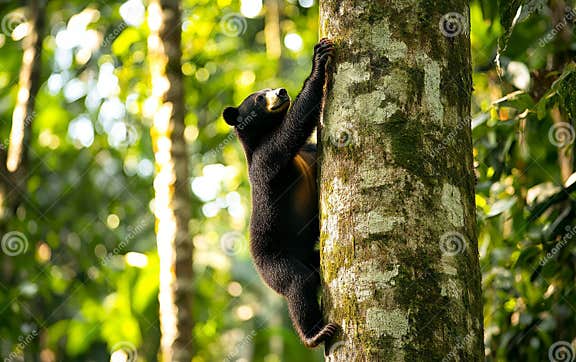 A Sun Bear Skillfully Climbs a Large Tree Trunk in a Lush Green ...