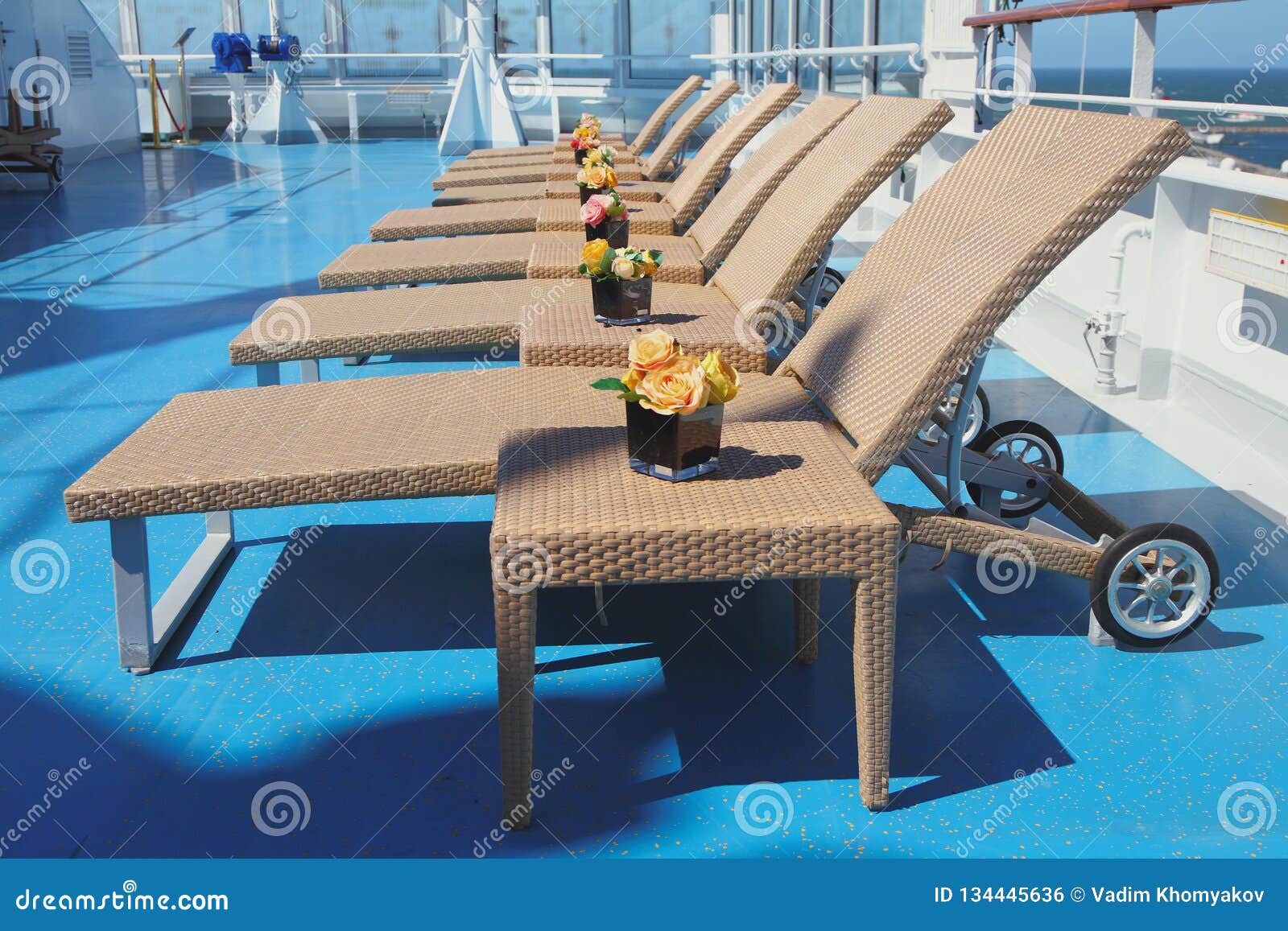 Sun Beds and Tables in Lounge Zone on Deck of Cruise Liner Stock Photo ...