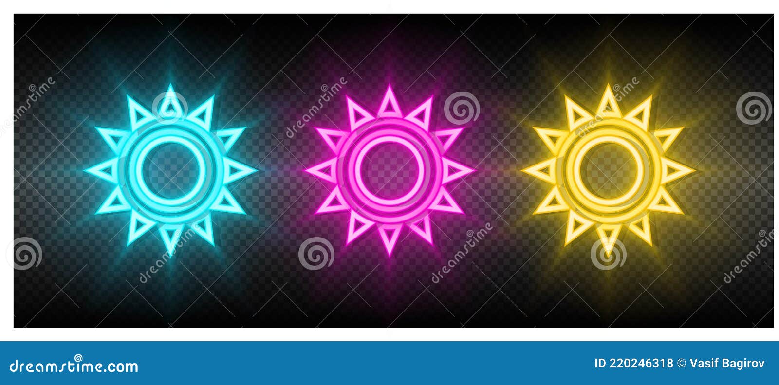 Sun Blue, Pink and Yellow Neon Vector Icon Set Stock Photo - Image of ...
