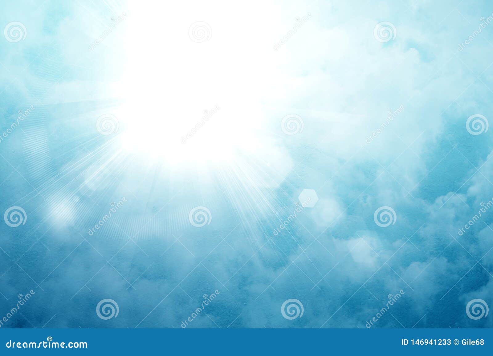 Sun on a Blue Sky with Rays and Flare, Abstract Background Stock ...