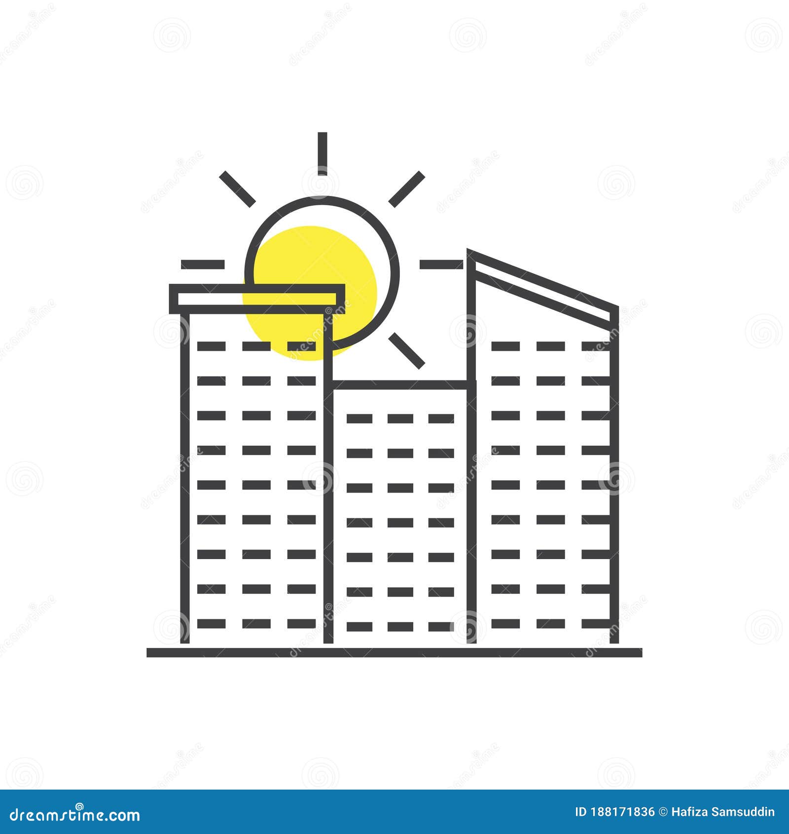 A Sun and Buildings Illustration. Stock Vector - Illustration of linear ...
