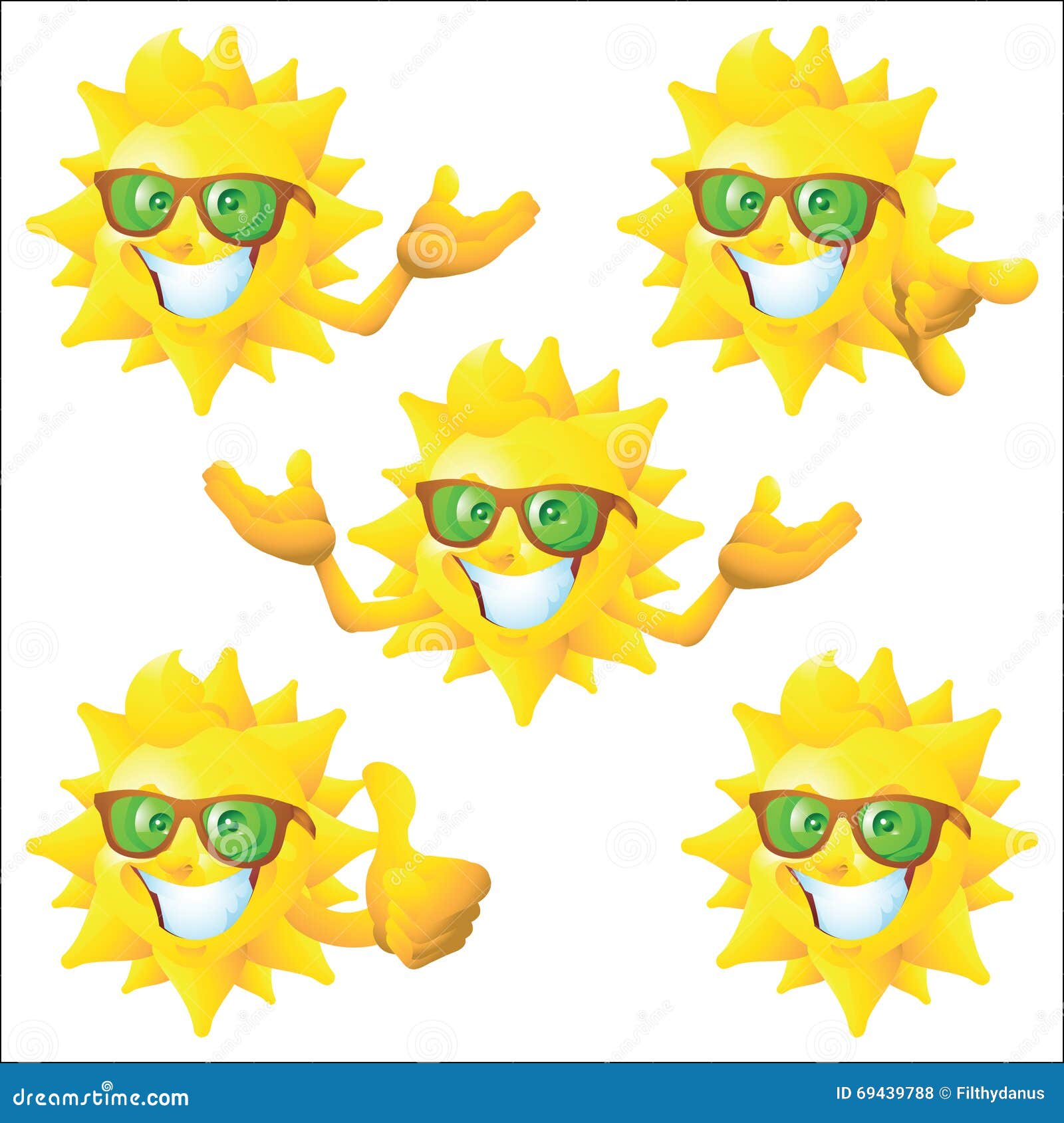 Sun Cartoon Character with Green Sunglasses Set Stock Vector ...