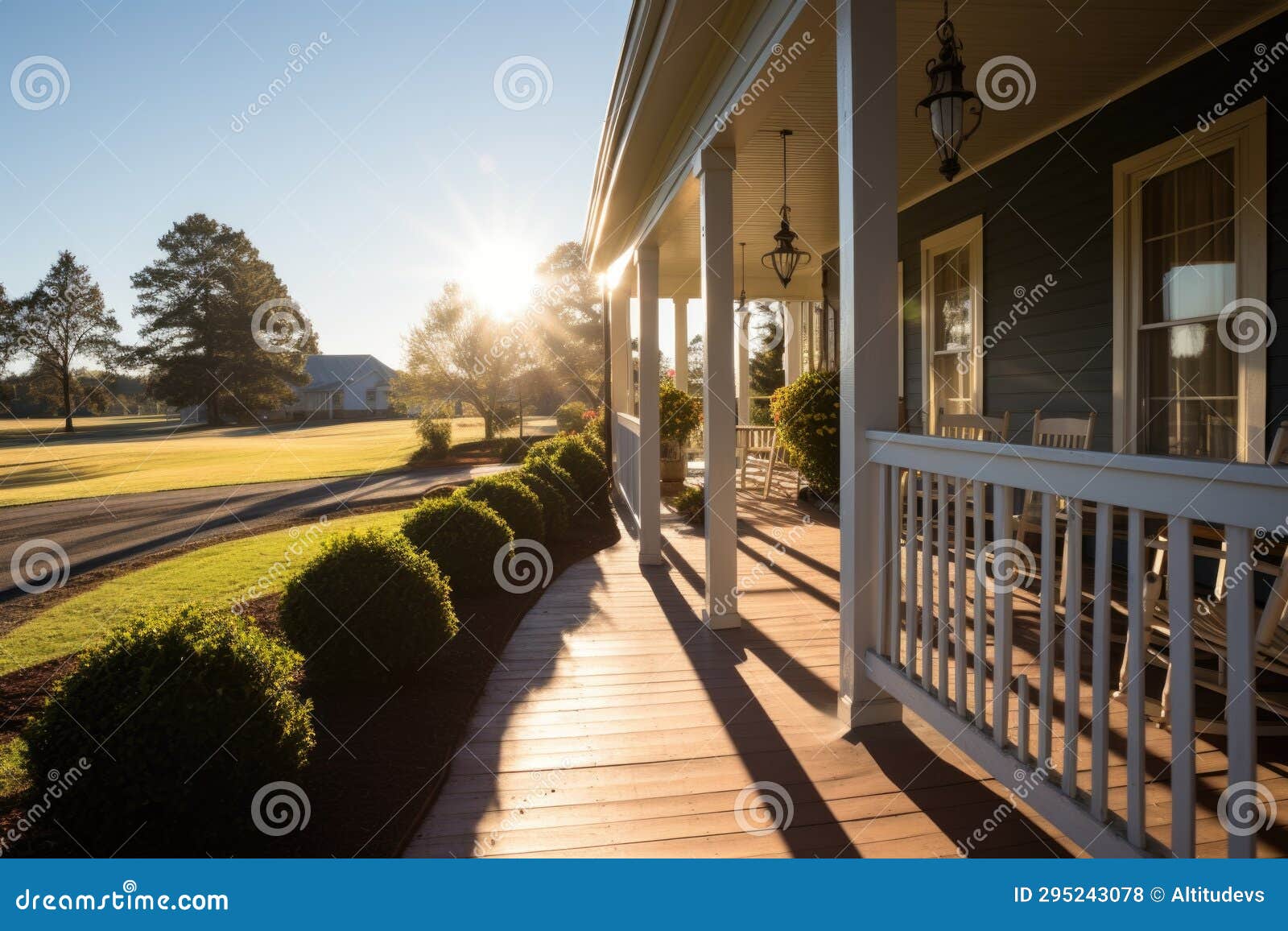 Sun Casting Long Shadows on the Porch and Farmhouse Stock Photo - Image ...