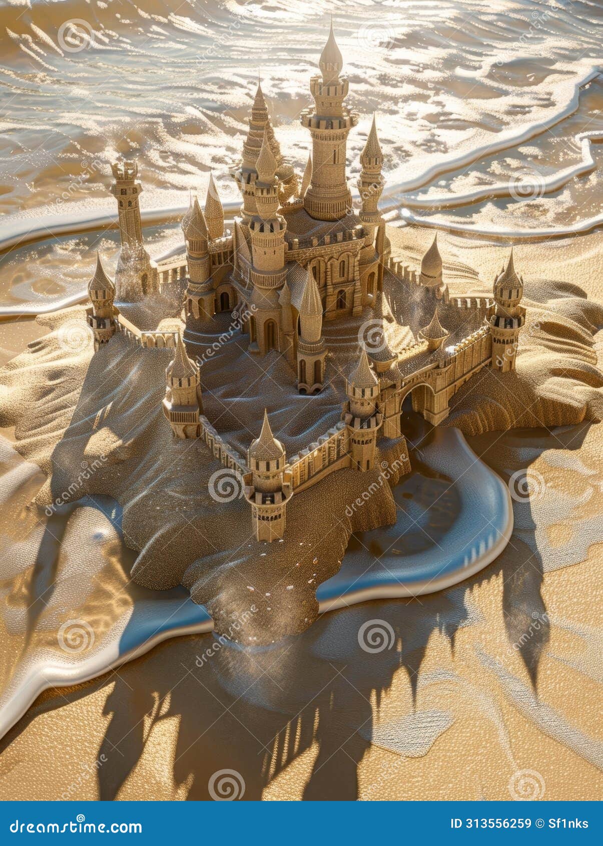 The Sun Casts a Warm Glow on an Elaborate Sandcastle with a Moat ...