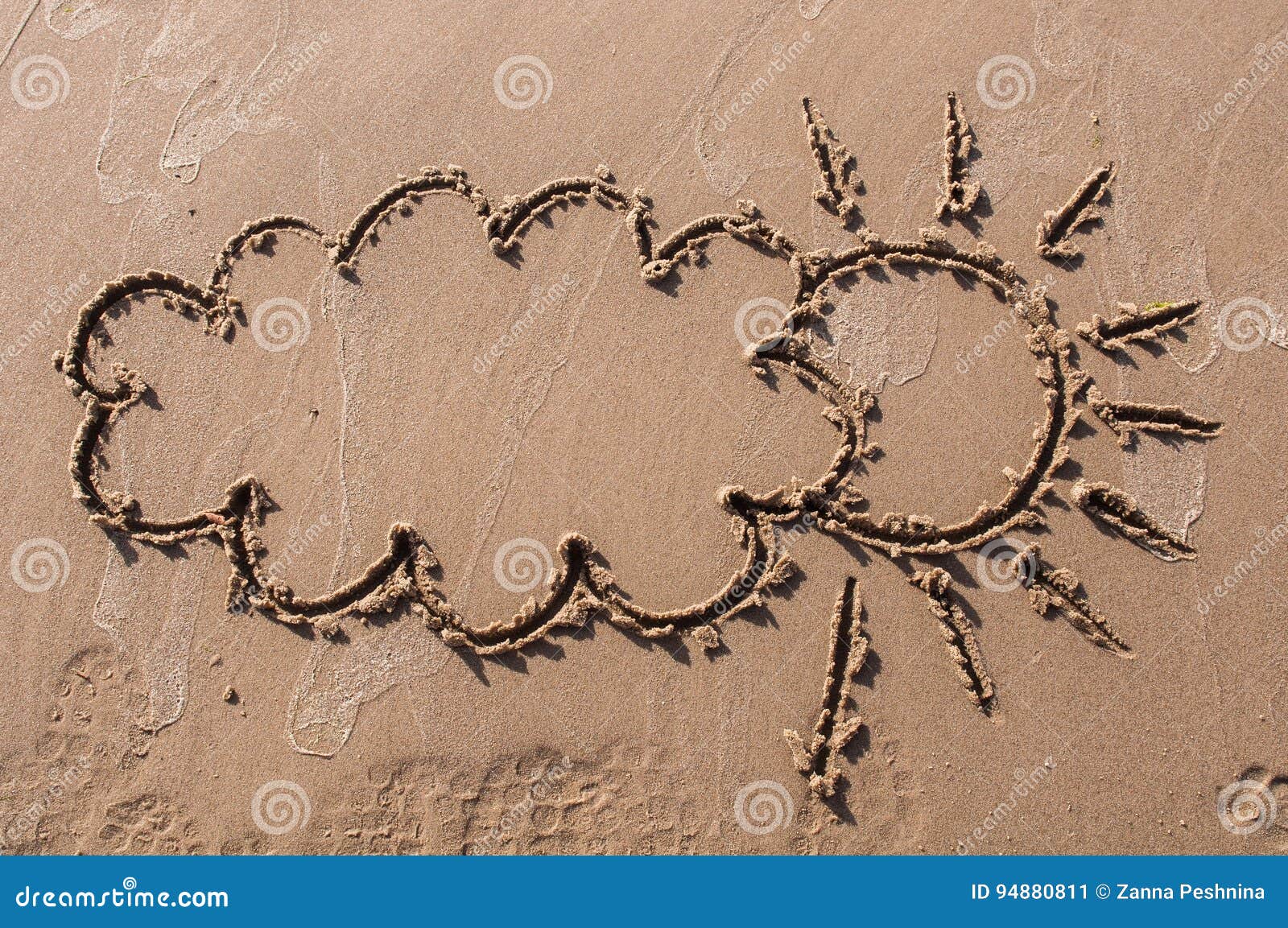 Sun and Cloud Drawing on Beach Sand Stock Image - Image of ocean, shore ...